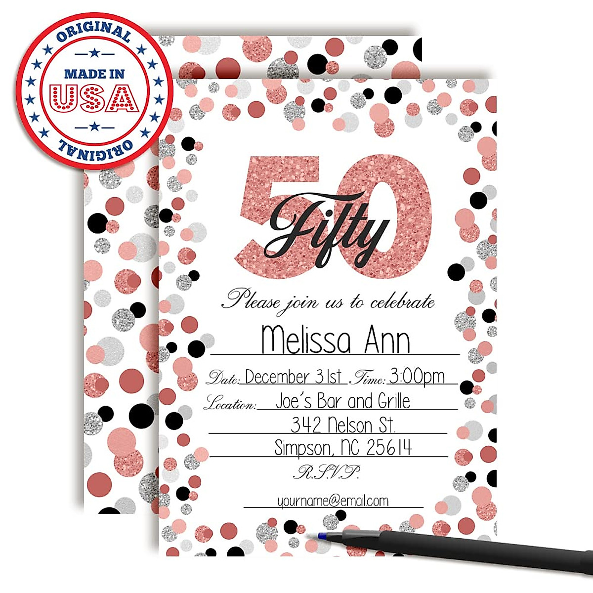 Amanda Creation Confetti Rose Gold Polka Dot 50th Birthday Party Invitations, 20 5x7 Fill-In Cards with Twenty White Envelopes