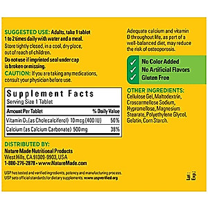 Nature Made Calcium 500 mg with Vitamin D3, Dietary Supplement for Bone Support, 130 Tablets