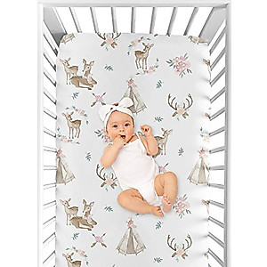 Sweet Jojo Designs Blush Pink, Mint Green and White Boho Baby or Toddler Fitted Crib Sheet for Woodland Deer Floral Collection