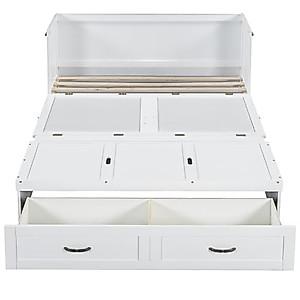 WADRI Full Size Murphy Bed with USB Port and a Large Drawer, Wood Mobile Murphy Chest Bed, Muti-Functional Cabinet Bed for Home Office or Small Room (White-Full-32)