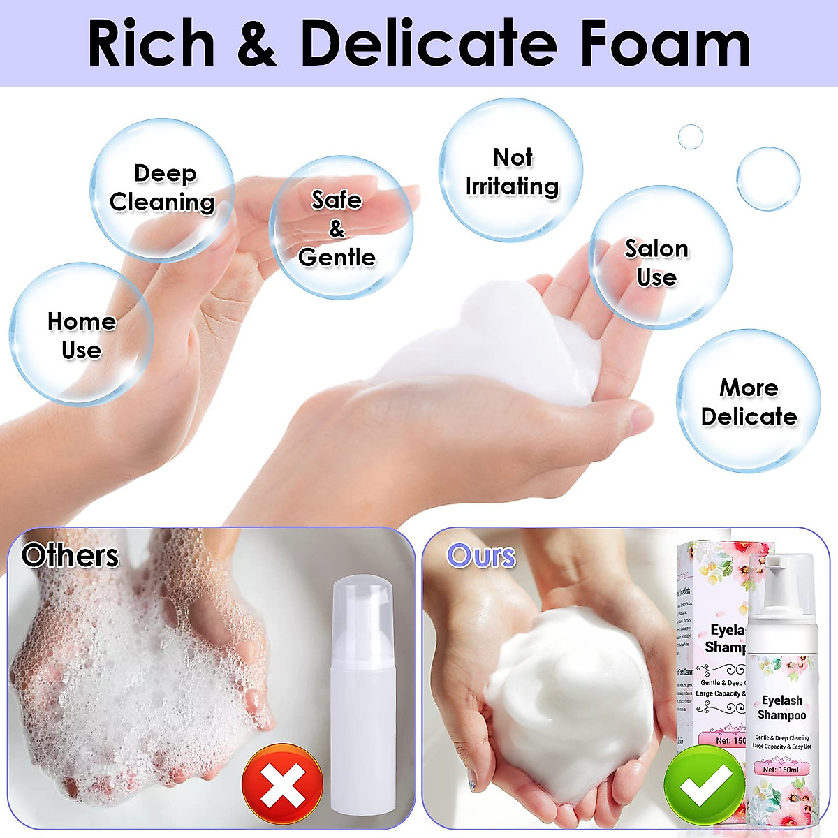 150ml/ 5.07 fl. oz Eyelash Extension Cleanser with Eyelash Fan Dryer, Lash Shampoo for Extension with Makeup Remover Pad Cleaning Brush, Paraben Sulfate Free Eyelash Shampoo for Salon Home Use