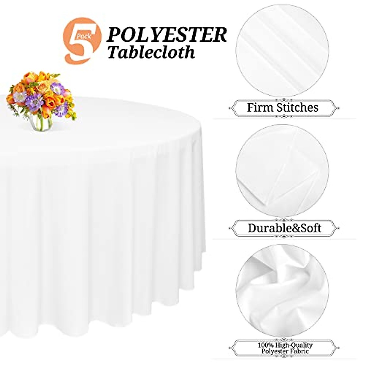 MTREO 5 Pack Round Tablecloth 90 Inch Polyester Round Table Cloths White Wrinkle Resistant Washable Polyester Table Cloth Decorative Fabric Table Cover for Wedding Party Restaurant Buffet Table