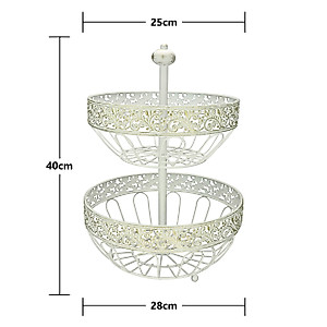 ROSYLINE 2 tier fruit basket, fruit bowl, multi-purpose kitchen and living room storage fruit and vegetable basket (White Brushed Bronze)