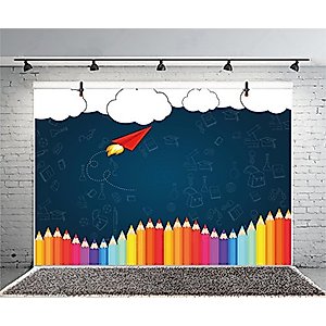 Leyiyi 8x6ft Welcome Back to School Photography Background Old Classroom Chalk Board Blackboard Colored Pens Back Season Grunge Gaffiti Paper Plane Backdrop Students Photo Portrait Vinyl Studio Prop