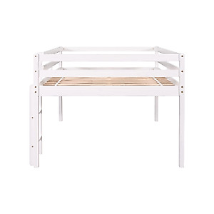 Harper & Bright Designs Low Loft Bed Full Size, Wood Loft Bed with Ladder, Full Loft Bed Frame with Safety Guardrail for Kids Teens Boys Girls (White, Space-Saving)