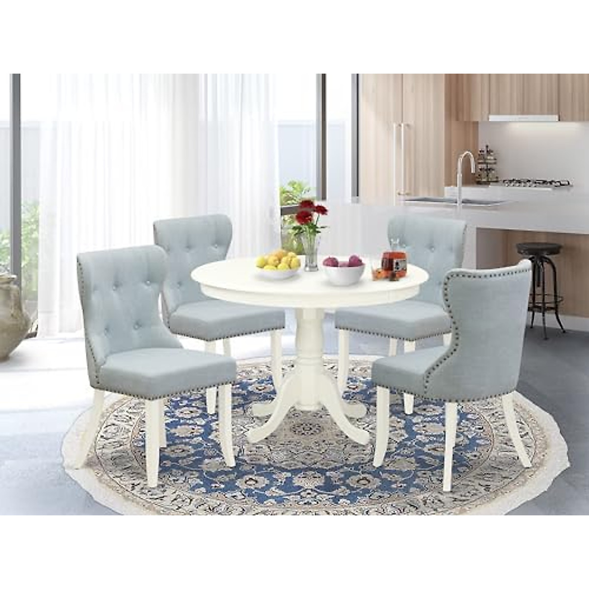 East West Furniture HLSI5-LWH-15 5 Piece Dinette Set Includes a Round Dining Room Table with Pedestal and 4 Baby Blue Linen Fabric Upholstered Parson Chairs, 42x42 Inch, Linen White