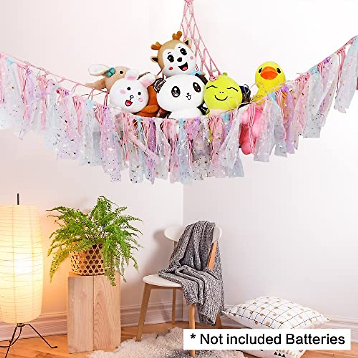 Stuffed Animal Net or Hammock with LED Light, Toy Hammock Hanging Stuffed Animal Storage Organizer Holder Room Décor with Tassels for Nursery Play Room Kids Bedroom (Pink)
