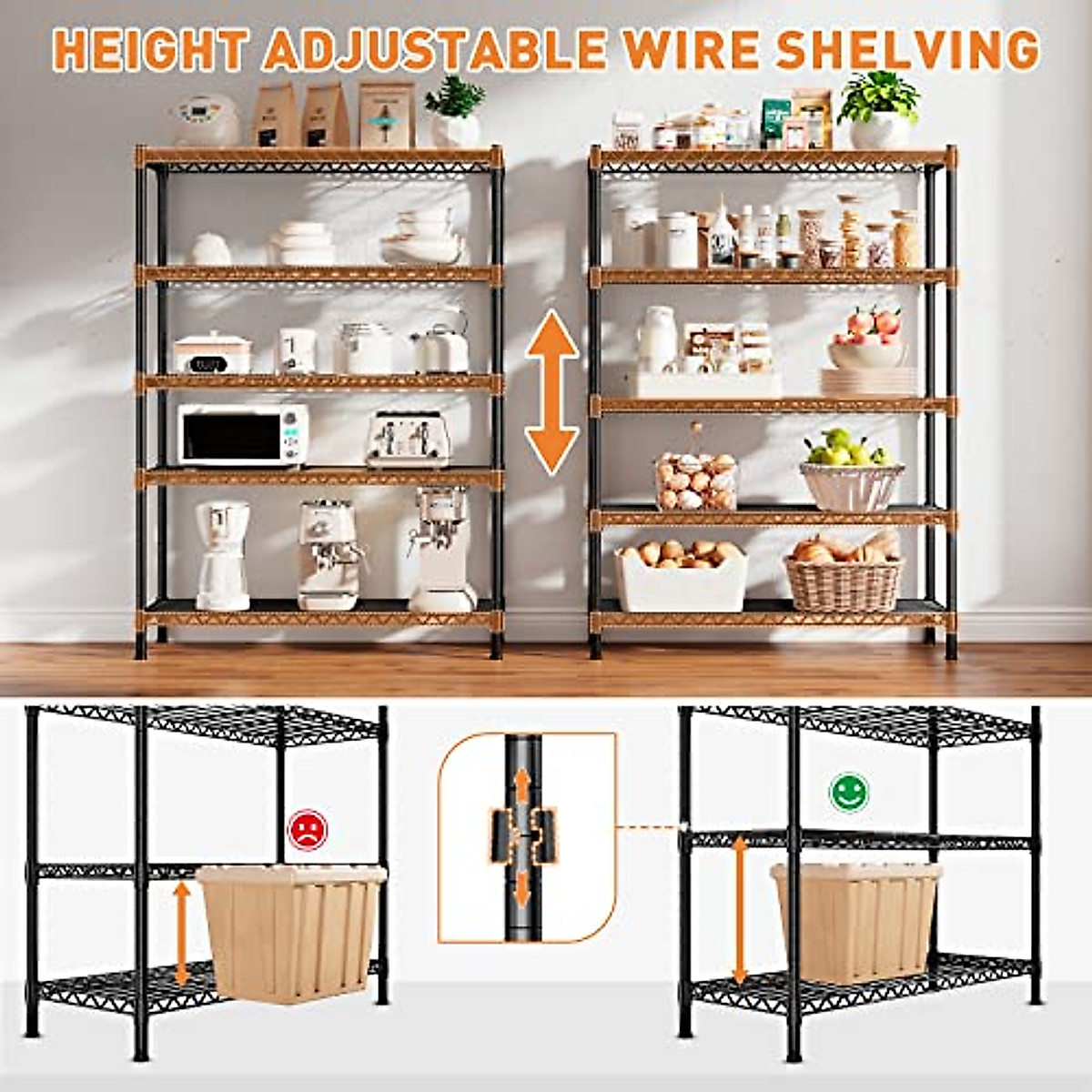 REIBII Wire Shelving Rack Garage Shelving with Wheel 5 Tier Metal Shelving Unit 1750LBS Adjustable Wire Shelf for Garage Storage Shelves Rolling Heavy Duty Shelving Metal Shelves for Storage Pantry