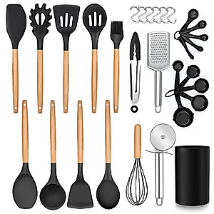 LIANYU 30 PCS Silicone kitchen Cooking Utensils Set with Holder, Heat Resistant Kitchen Essentials Utensils Set Wooden Handle, Cooking Tools Set Including Tuner, Spatula, Spoon, Ladle, Black