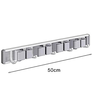 Qinlenyan Punch-Free Broom Organizer Anti-Slip Rollers Mop Holder Wall-Mounted with 5 Hooks Waterproof Anti-Skid Roller Design Strong Load Bearing Bathroom Silver L