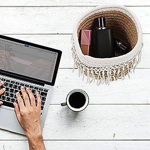 Cabilock Cotton Thread Storage Basket Boho Basket with Tassel Jute Color Farmhouse Small Laundry Basket Table Storage Braided Bin Organizer with Tassel Fringe