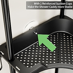 SWTYMIKI Corner Shower Caddy Standing - 3 Tier Rust Proof Floor Standing Shower Organizer with 4 Hooks, Waterproof Corner Stand Shower Shelf Storage Rack for Bathroom, Bathtub, Black