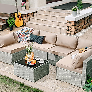 Skyfish 7 Pieces Patio Furniture Set - Outdoor Sectional Wicker Rattan Furniture with Cushion and Glass Table Patio Conversation Sets for Porch Poolside Backyard Outdoor Sofa Set Modular Sofa