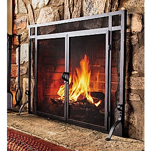 Plow & Hearth Metal Fireplace Screen Flatguard Black | 44" W x 33" H | 2 - Door | Spark Guard Indoor Grate | Iron Fire Place Cover | Wood Burning Stove Decorative Accessories