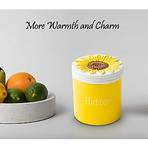 Sunflower Butter Crock Butter Keeper French Butter Dish Ceramic Cup Butter Holder With Water Line Non-Slip Design