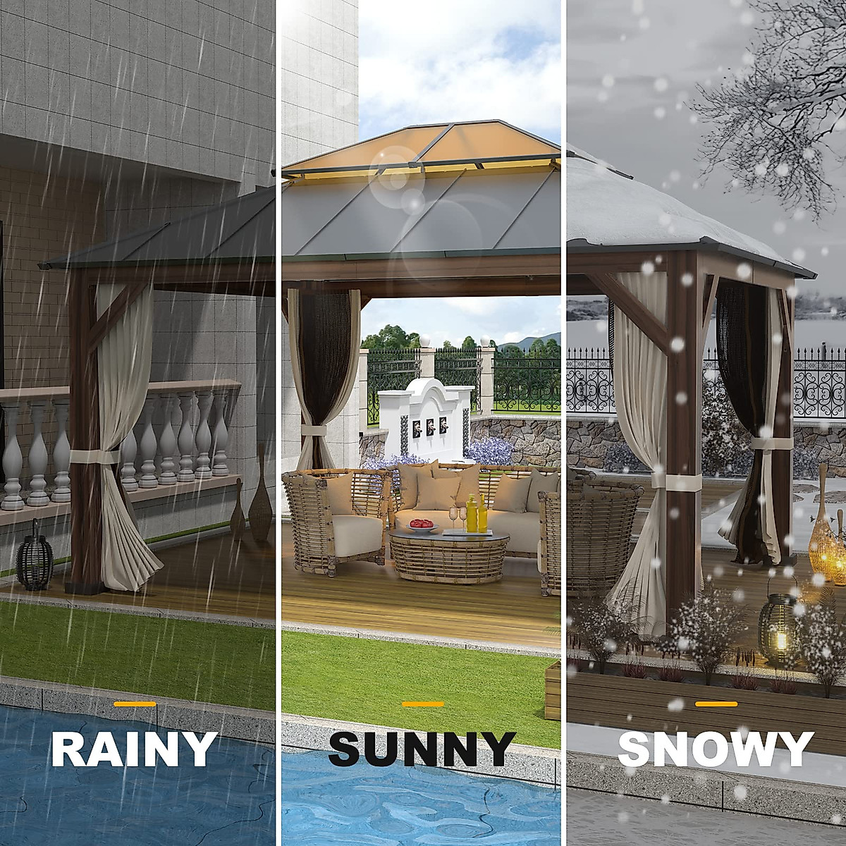 OLILAWN Gazebo 12x14, Hardtop Gazebo with Wood Finish Aluminum Frame, Galvanized Steel Double Top Gazebo with Ventilation, All-Weather Metal Gazebo with Netting and Curtains, for Patios Gardens Lawns