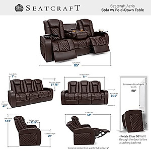 Seatcraft Aeris Sofa, Leather Gel, Powered Headrest, Power Recline, Fold-Down Table w/USB, Power, Brown