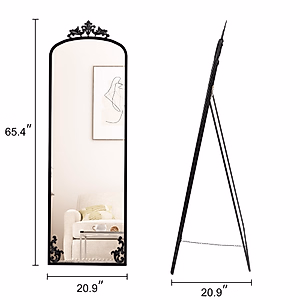AZODY Arched Mirror Full Length with Stand, 65" x 21" Black Floor Length Mirror with Carved Metal Frame, Full Body Wall Mirror for Home Decor Wedding Entryway Living Room