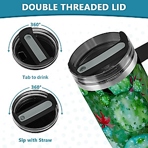 Yasala Car Tumbler with Handle Green Cactus Watercolor Travel Mug Coffee Cup Insulated Beverage Container Mega Cup for Hot Cold Drinking Thermos Water Bottle Cupholder Friendly 40 oz
