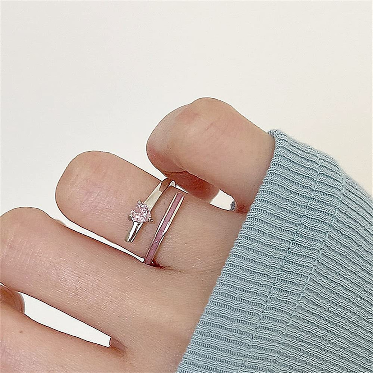 CZ Pink Heart Engagement Ring for Women 925 Sterling Silver Cubic Zirconia Statement Stacking Adjustable Expandable Enamel Open Band Rings Comfort Fit Dainty Wedding Birthday Valentine Jewelry