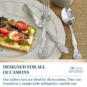 Antique Design Disposable Flatware Set (96 PC) Plastic Silverware Cutlery Set for 24, 24 Spoons, 24 Knives, 48 Forks, Heavy Duty Plastic Utensil Set for Weddings and Events, Baroque Collection, Silver