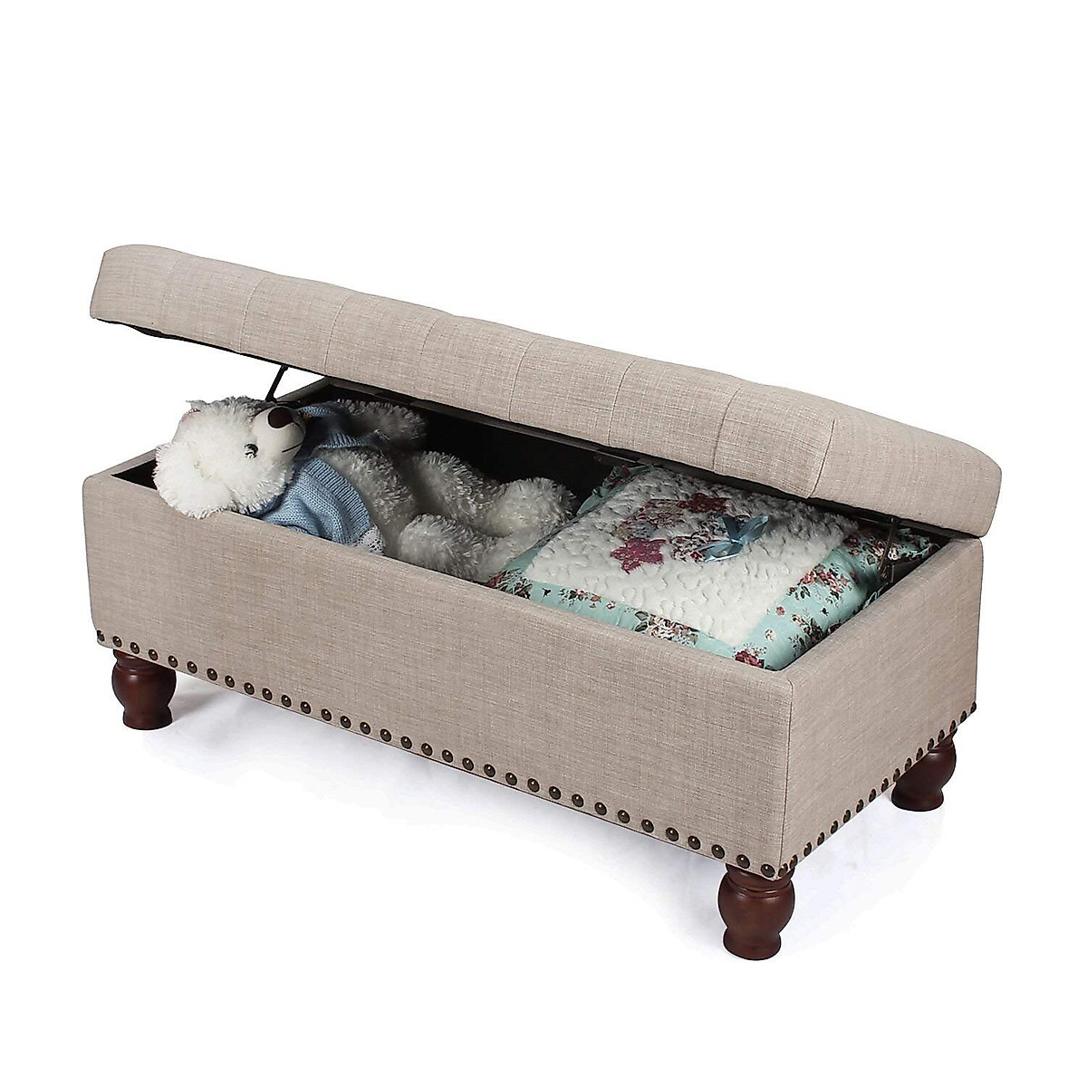Adeco Rectangular Storage Ottoman Tufted Lift Top Bench Footstool with Sturdy Legs (Beige-2)