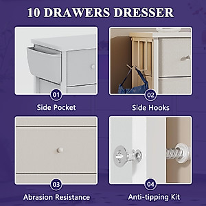 WODRAWER White Dresser with Power Outlets and LED Lights, Dresser for Bedroom with 11 Drawers, Dressers & Chests of Drawers with Side Pockets, Fabric Storage Organizer