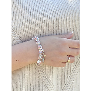 Nazareth Store Religious Cross Bracelet Pink Crystal Beaded Stretch Rosary Bracelet with Ceramic Flowers Beads Bangle Crucifix & Miraculous Medal Charm