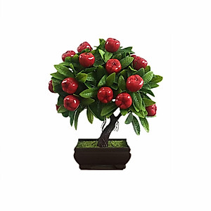 9.85 inch Artificial Potted Plants，Potted Plants Artificial Apple Tree, Artificial Fruit Apple Tree Bonsai Fake Greenery Plastic Pot,for Home Table Desk Office Bathroom Decor