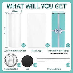 D·S 10 Pack Sublimation Tumblers Bulk 20 oz Skinny Straight Flat Bottom Blank Tumbler Cups with Individual Gift Boxed for Heat Transfer DIY Craft