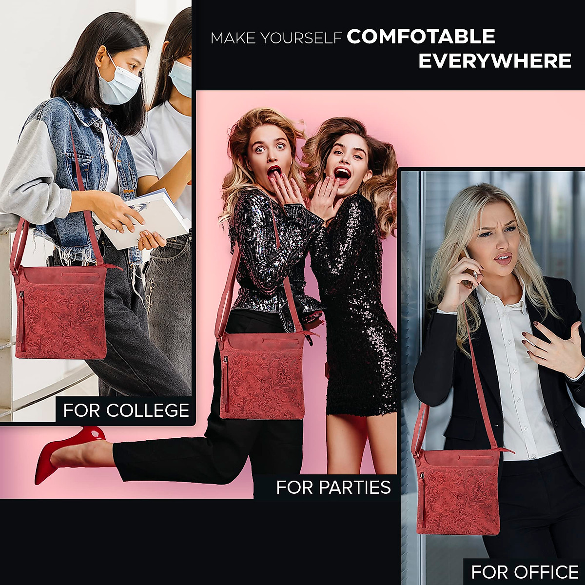 Real Genuine Leather Crossbody Bags for Women - Ladies Sling Bags Adjustable Shoulder Strap Medium Size Purses for Women