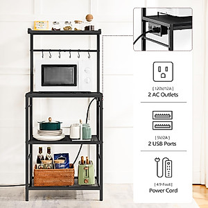 MAHANCRIS Bakers Rack with Charging Station, Microwave Stand with 6 S-Shaped Hooks, 4-Tier Storage Rack, Multifunctional Coffee Bar, for Kitchen, Dining Room, Charcoal Gray and Black BRHT35E01N1