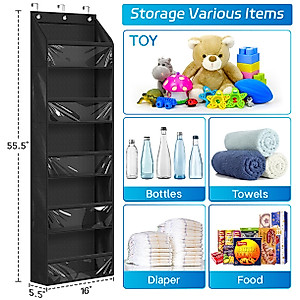 KEETDY Over the Door Organizer Storage Hanging Shelves for Closet Door with 5 Large Pockets Fits Bedroom, Bathroom，Dorm for Clothes Storage, Baby Diapers, Stuffed Animals, Black