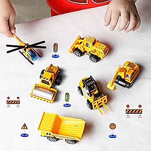 Childom Engineering Vehicle Toys Set Alloy Construction Big Forklift,Single Drum Roller,Stacker/Crane,Helicopter,Excavator,Heavy Duty Truck Mini Toy Set for Kids Boys Girl
