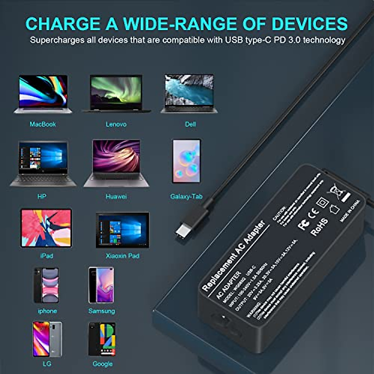 65 Watt USB C Laptop Charger, 65W 45W Type C Laptop Power Adapter Fast Charger Laptop Power Supply for Lenovo HP Dell Asus Acer Mac Book Pro and Other Laptops/Smart Phones Computer