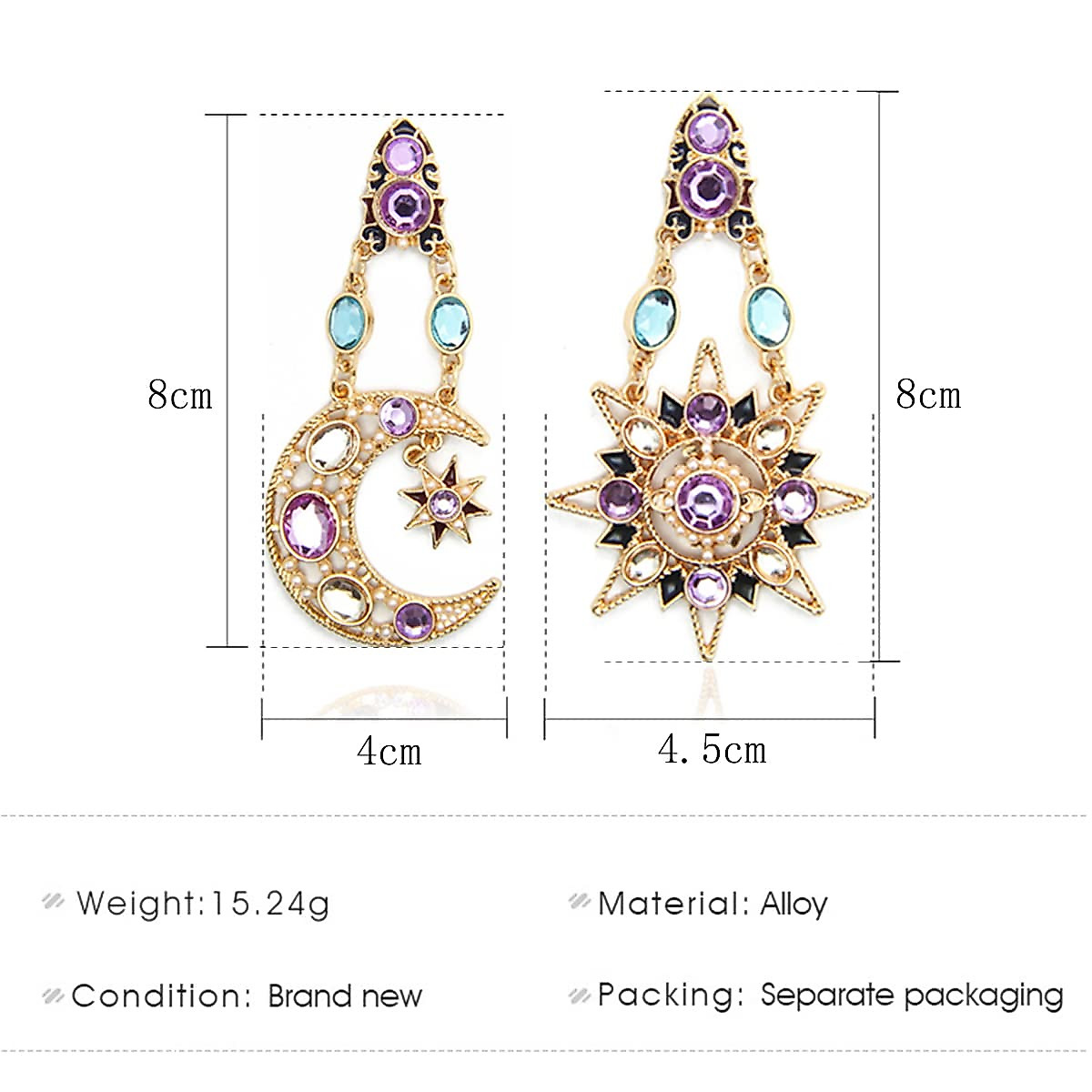 Vintage Sun Moon Earrings Crystal Drop Earrings Studs for Women