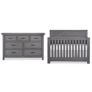 Evolur Belmar Double Dresser in Rustic Grey, 54x20.25x33 Inch (Pack of 1) & Belmar Flat 5-in-1 Convertible Crib in Rustic Grey, Greenguard Gold Certified