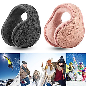 Syhood 2 Pieces Foldable Ear Warmers Adjustable Knitted Earmuffs with Fuzzy Fleece Lining Unisex Furry Winter Earmuffs (Pink and Grey)