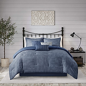 Madison Park Walter Comforter-Luxe Seersucker Print Design All Season Down Alternative Bedding, Matching Shams, Bedskirt, Decorative Pillows, California King (104 in x 92 in), Navy