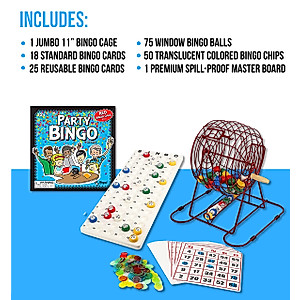 Regal Bingo Professional Bingo Game Set with 11" Wheel Cage, 75 Bingo Balls, Master Board, 18 Bingo Cards & 25 Jumbo Reusable Cards, and Colorful Chips - Bingo Games for Adults Large Group - Red