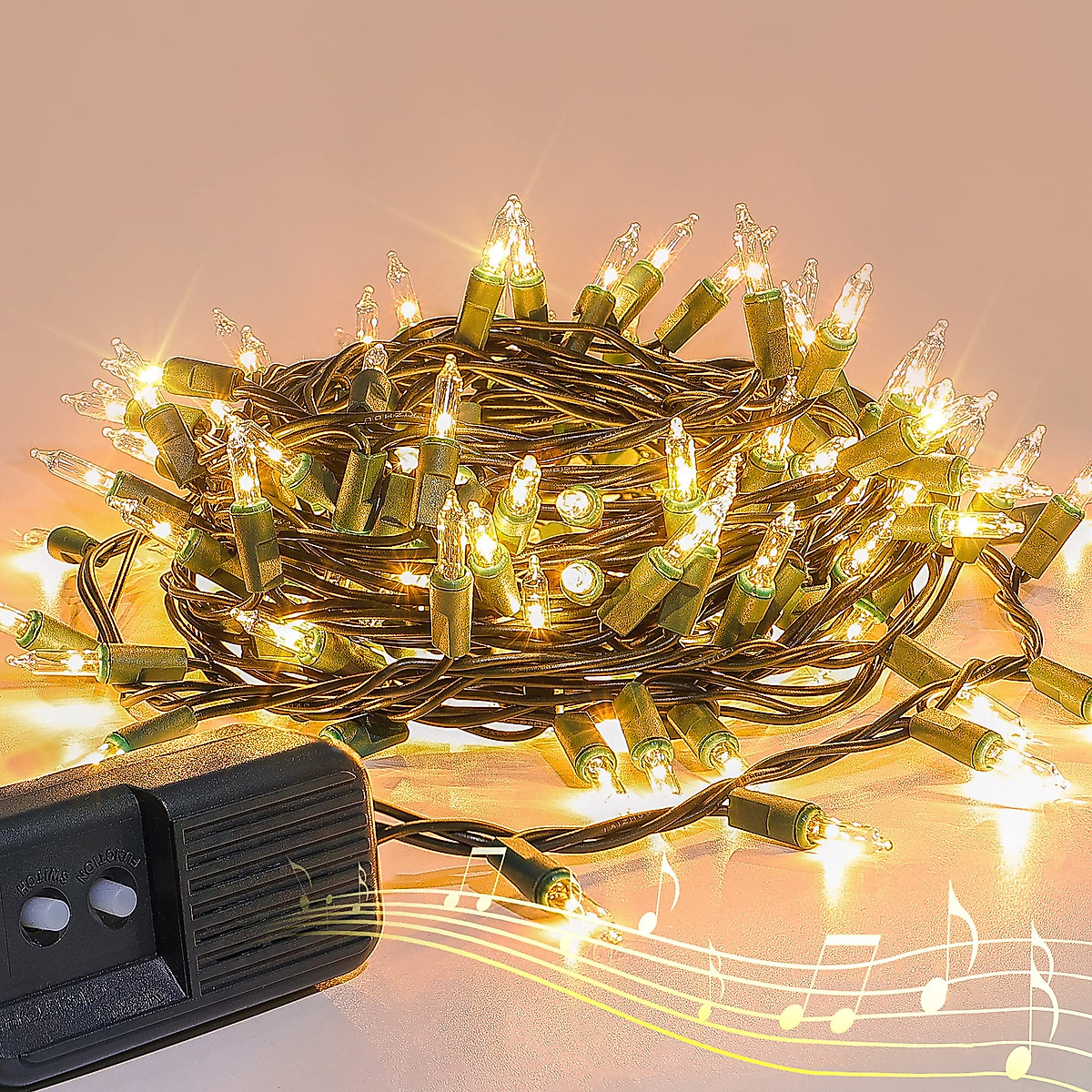 Indoor/Outdoor Multi-Color Musical Christmas Lights - Plays 25 Classical Holiday Songs - 8 Function Chaser - Green Wire - 26 Ft Wire Length, 2" Space Between Bulbs