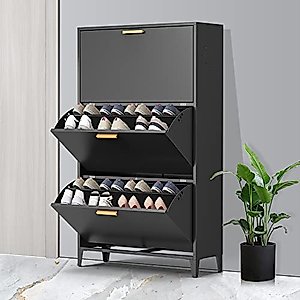 Omethey Shoe Cabinet with 3 Flip Drawers, Wall Mount & Floor Mount Shoe Organizer, All Steel Black Narrow Shoe Storage Cabinet for Entryway, Hallway and Corridor