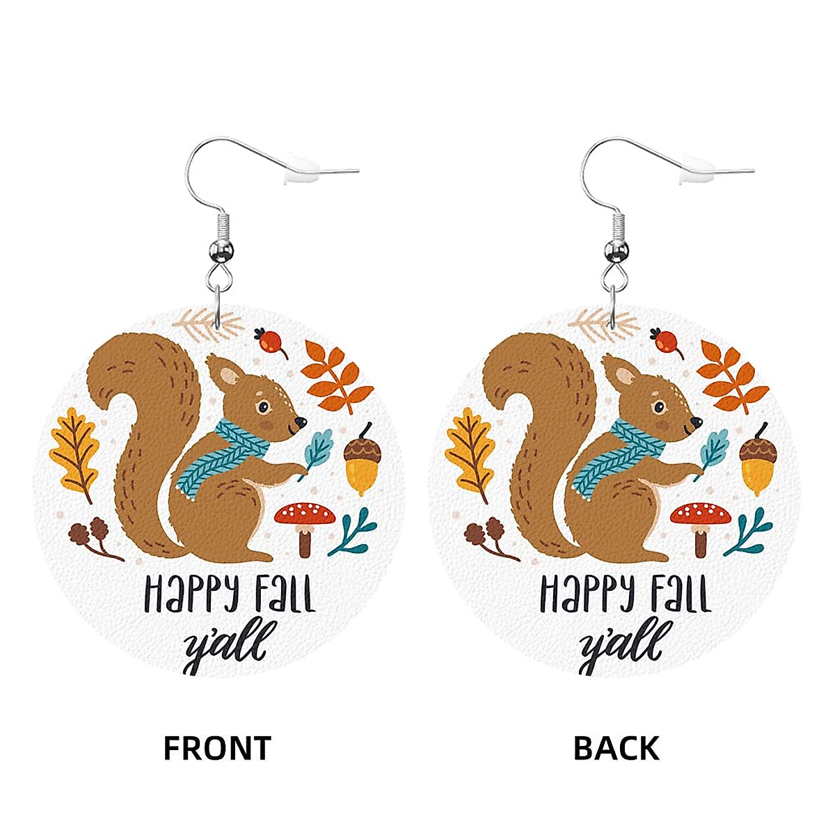 Swono Smiling Squirrel Round Faux Leather Earrings for Women Bright Falling Leaves Acorn Mushroom Pine Cones Autumn Lightweight Double-Side Printed Drop Dangle Earring for Birthday Party Gift