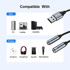 USB Headset Adapter,ANDAPA USB Audio Adapter Stereo External Sound Card with 3.5mm Headphone and Microphone Jack for Windows Mac Linux PC Laptops Desktops PS5
