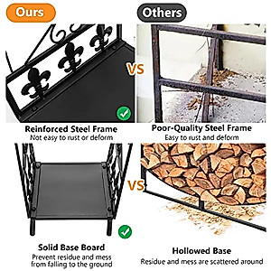 Goplus 14” Small Firewood Rack, Indoor Outdoor Decorative Firewood Storage Carrier Log Rack with Handles, Elegant Patterns & Raised Legs, Heavy Duty Firewood Holder for Fireplace, Fire Pit