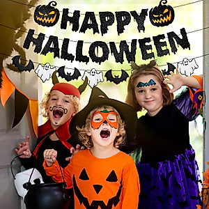 Black Glitter Happy Halloween Banner - Halloween Hanging Paper Garland Bunting Banner with Pumpkin, Ghost, and Bat Decorations, Photo Backdrop for Wall Home Mantle Office Wall Scary Party Supplies