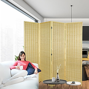 ECOMEX Room Divider 4 Panel Woven Bamboo Screen, Room Divider and Folding Privacy Screens, Freestanding Hand-Woven Room Partitions for Bedroom, Bamboo