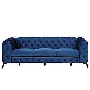 Harper & Bright Designs Three-Seater Sofa, 85.5'' W Blue Velvet Upholstered Sofa Couch with Button Tufted Back and Metal Legs, Modern 3 Seater Sofa Couch for Living Room, Office