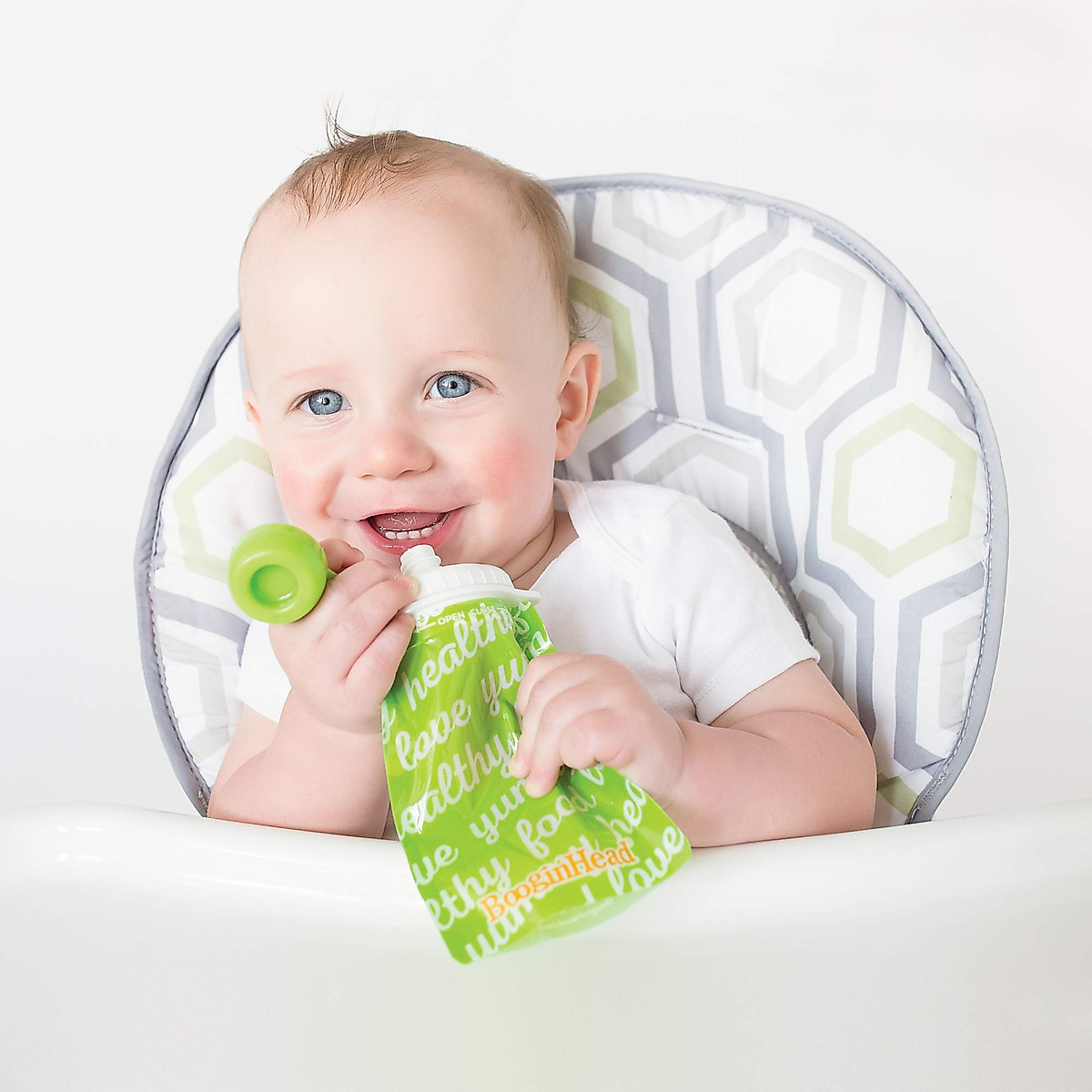 BooginHead Baby Toddler Squeez'Ems Puree Pouches, Dishwasher safe YUM! Green/White