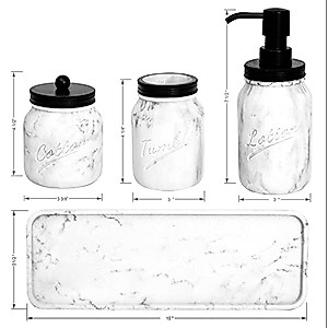 Artfrog Bathroom Accessory Set,Marble Bathroom Accessories,Mason Jar Bathroom Accessory Set, 4 Pcs Bathroom Accessory Set, Marble Look, Include Lotion Dispenser &Tumbler& Cotton Jar&Tray